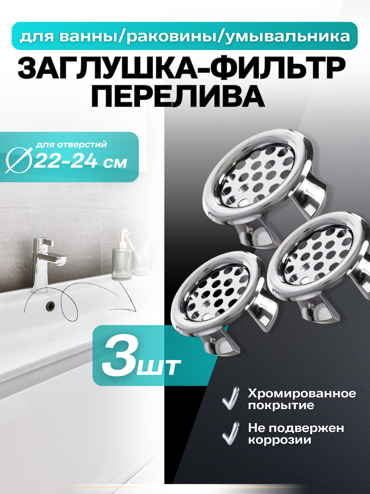 Заглушка, для перелива раковины / Крышка Сливного Отверстия Раковины / 3 шт.