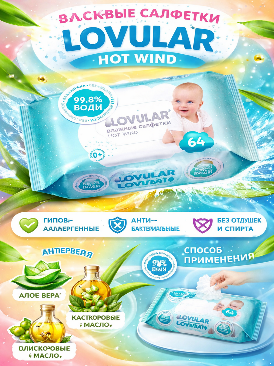Салфетки влажные детские Lovular Hot Wind, 64шт