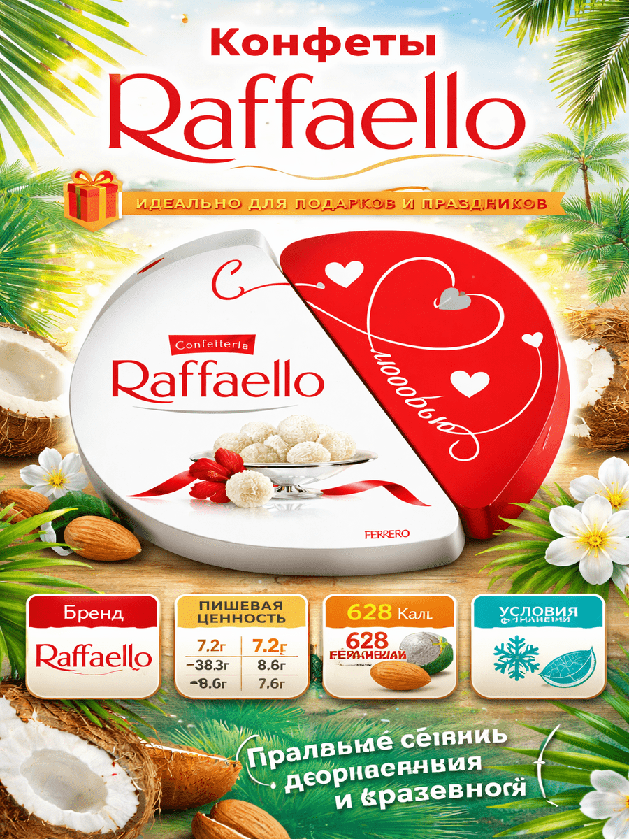 Конфеты в коробке Raffaello с цельным миндальным орехом в кокосовой обсыпке, 300г