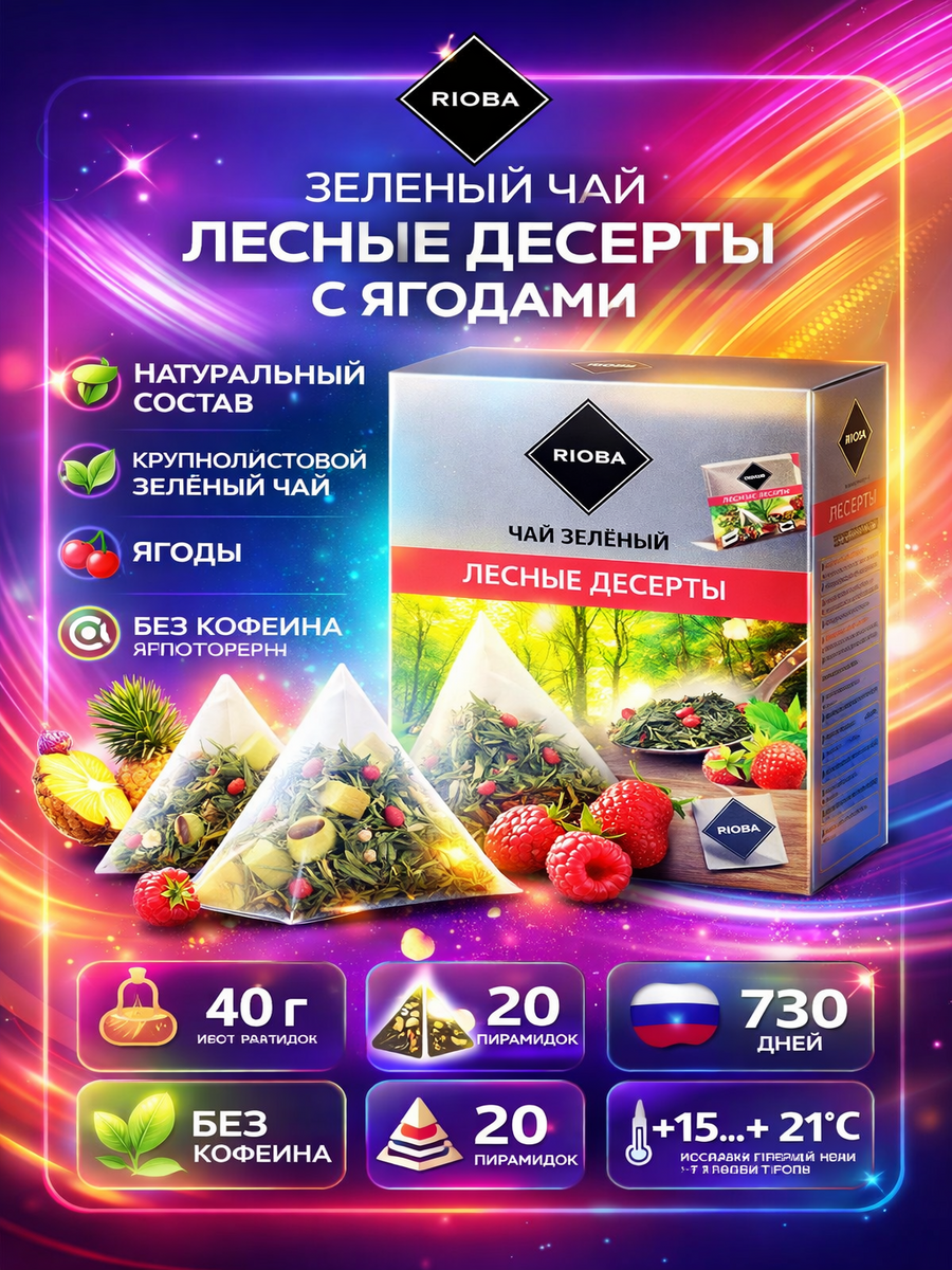 RIOBA Чай зеленый Лесные Десерты, 40 г (20 пак.) x 2 упаковки