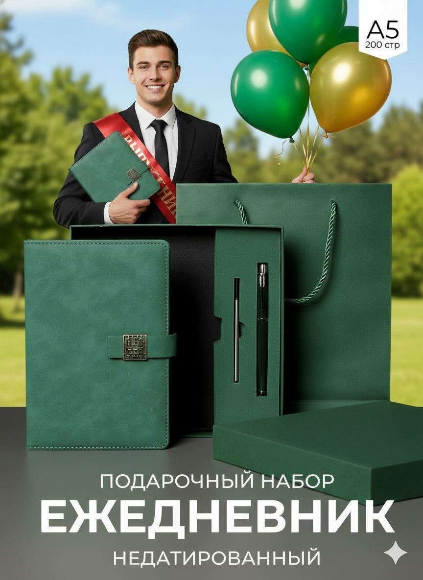 Подарочный набор ежедневник с ручкой недатированный А5 зеленый