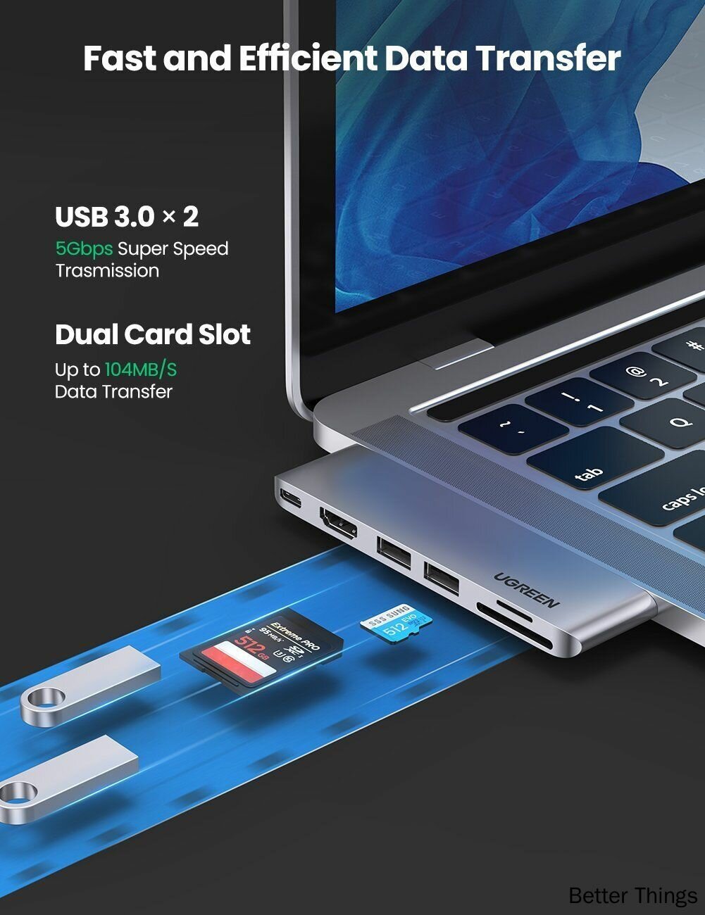USB-концентратор UGREEN CM380 для MacBook, 2x USB 3.0, 1x HDMI, 1x SD/TF карты, 1x USB-C, 5 Гбит/с, 银ной — фото 1