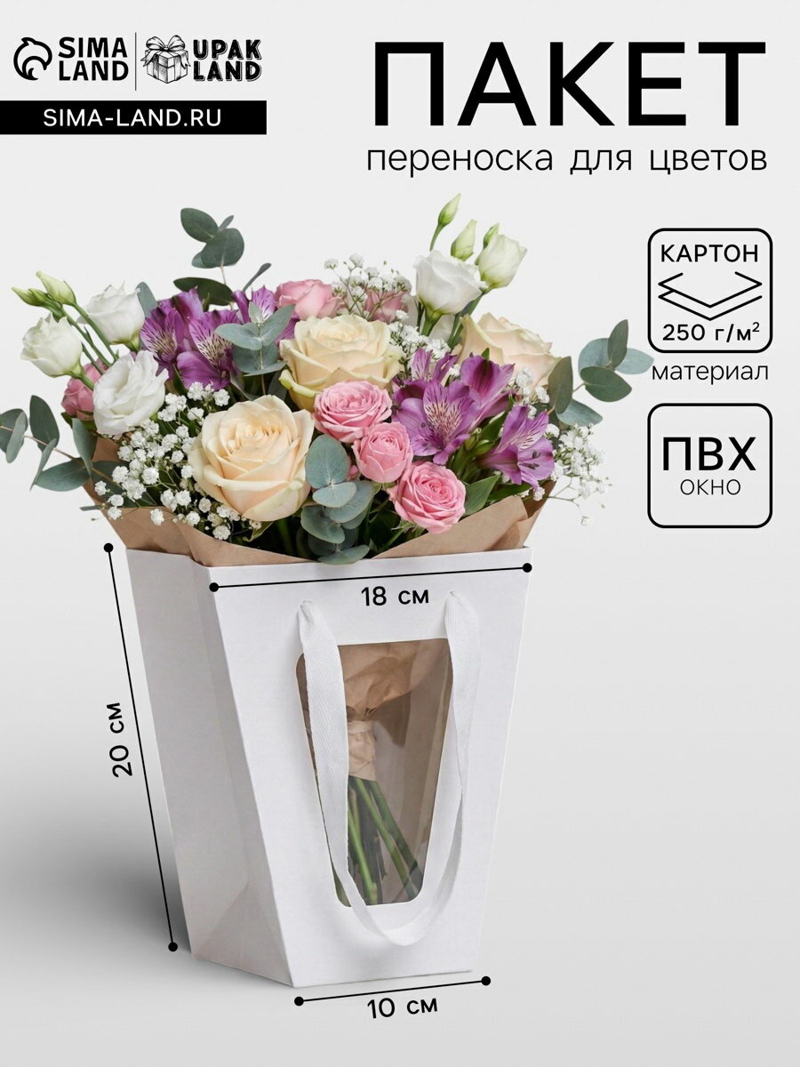 Пакет-переноска для цветов 10x10x20x18 см, белый, дизайн: однотонный, 12 шт.