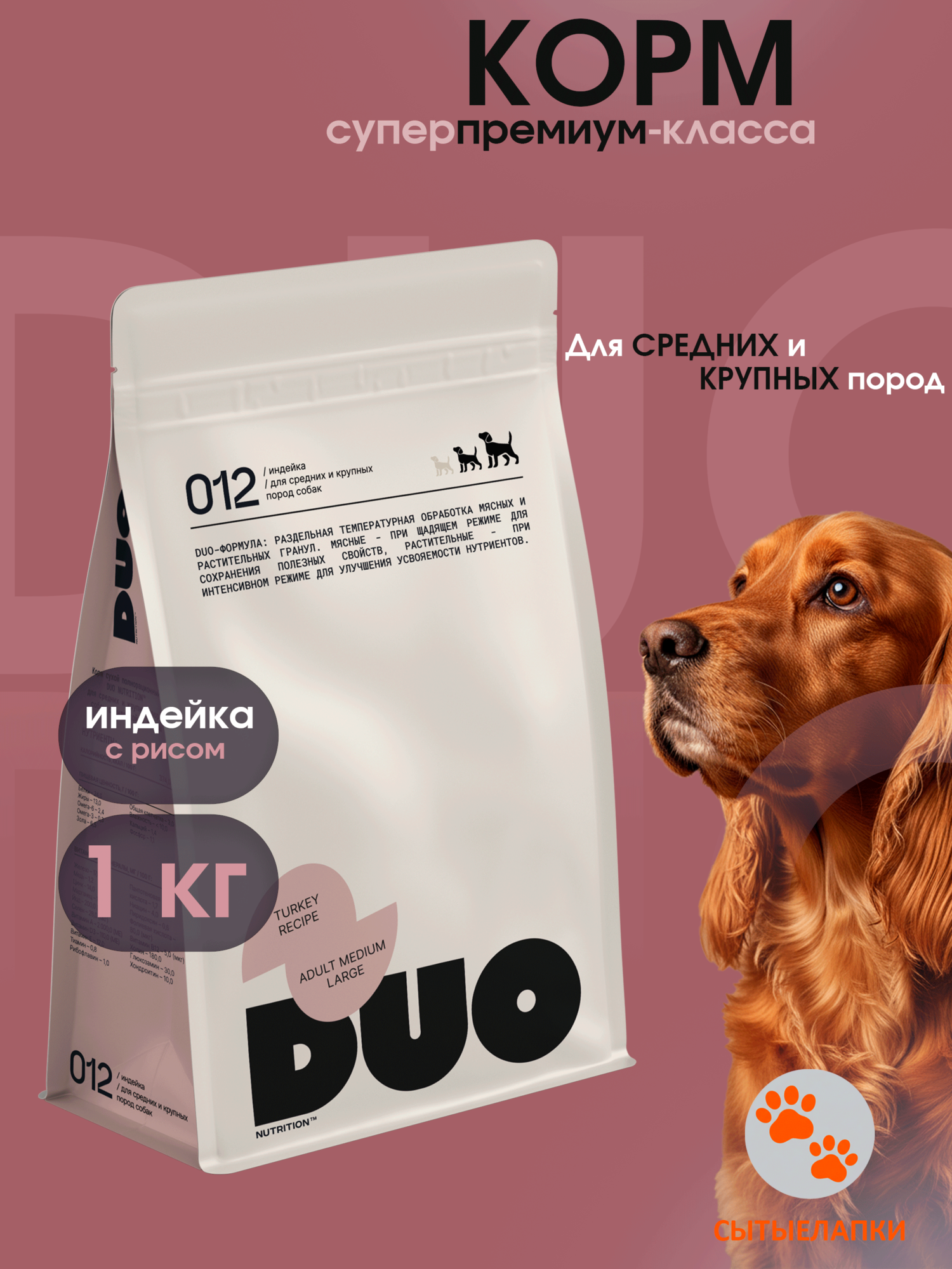 Корм для собак сухой DUO Nutrition для средних и крупных пород, с индейкой и рисом, 1 кг
