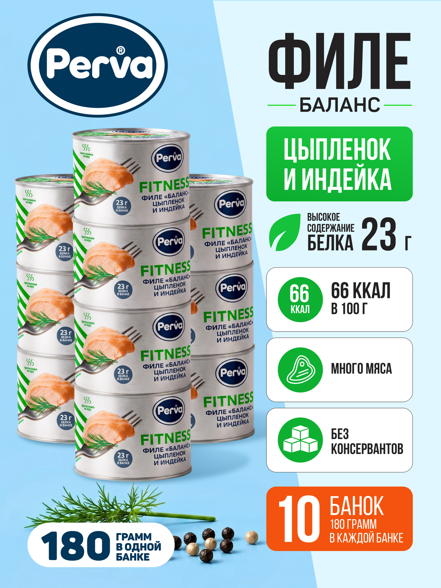 Филе цыпленка и индейки в собственном соку 180 гр.- 10шт. Perva