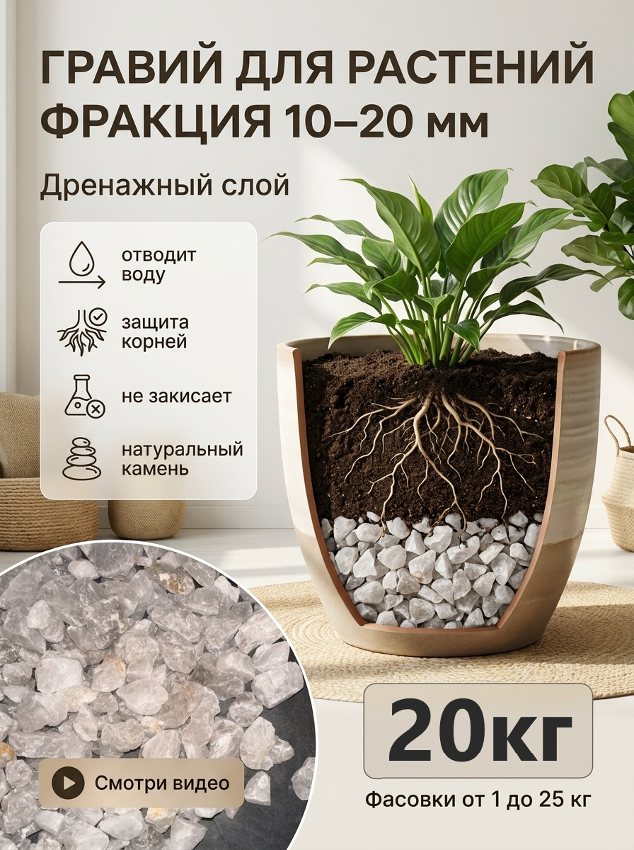 Дренаж для растений 10-20 мм, кварцевый гравий, очень крупная фракция, добавка в грунт, улучшает дренаж, 20 кг