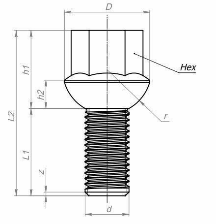 Болт колесный M14x1,5x33x58, сфера R14, кл.19, чёрный электрофорез для а/м VW/Mercedes, AIRLINE ABLT016