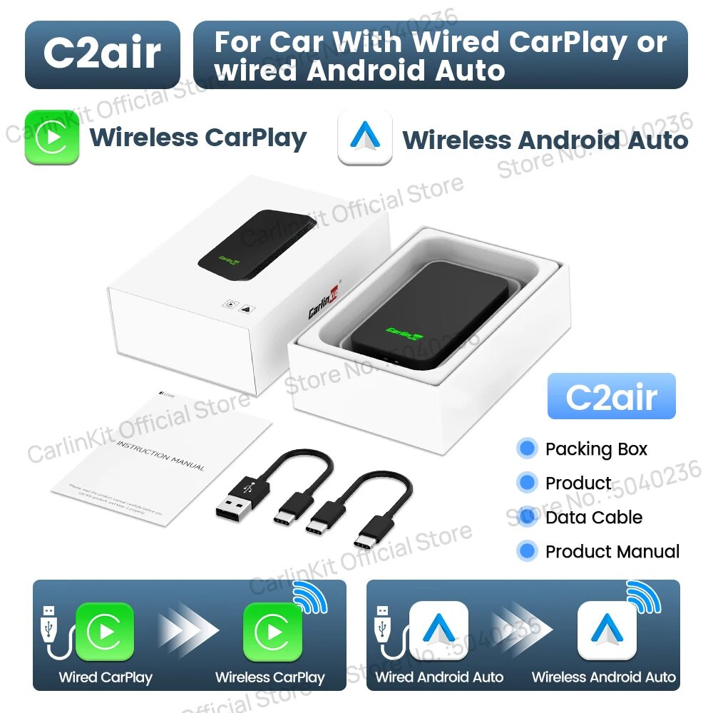 Беспроводной адаптер CarlinKit 5.0 C2Air, беспроводной CarPlay Android Auto Box для автомобилей OEM Plug and Play, Wi-Fi, Bluetooth, автоматическое подключение