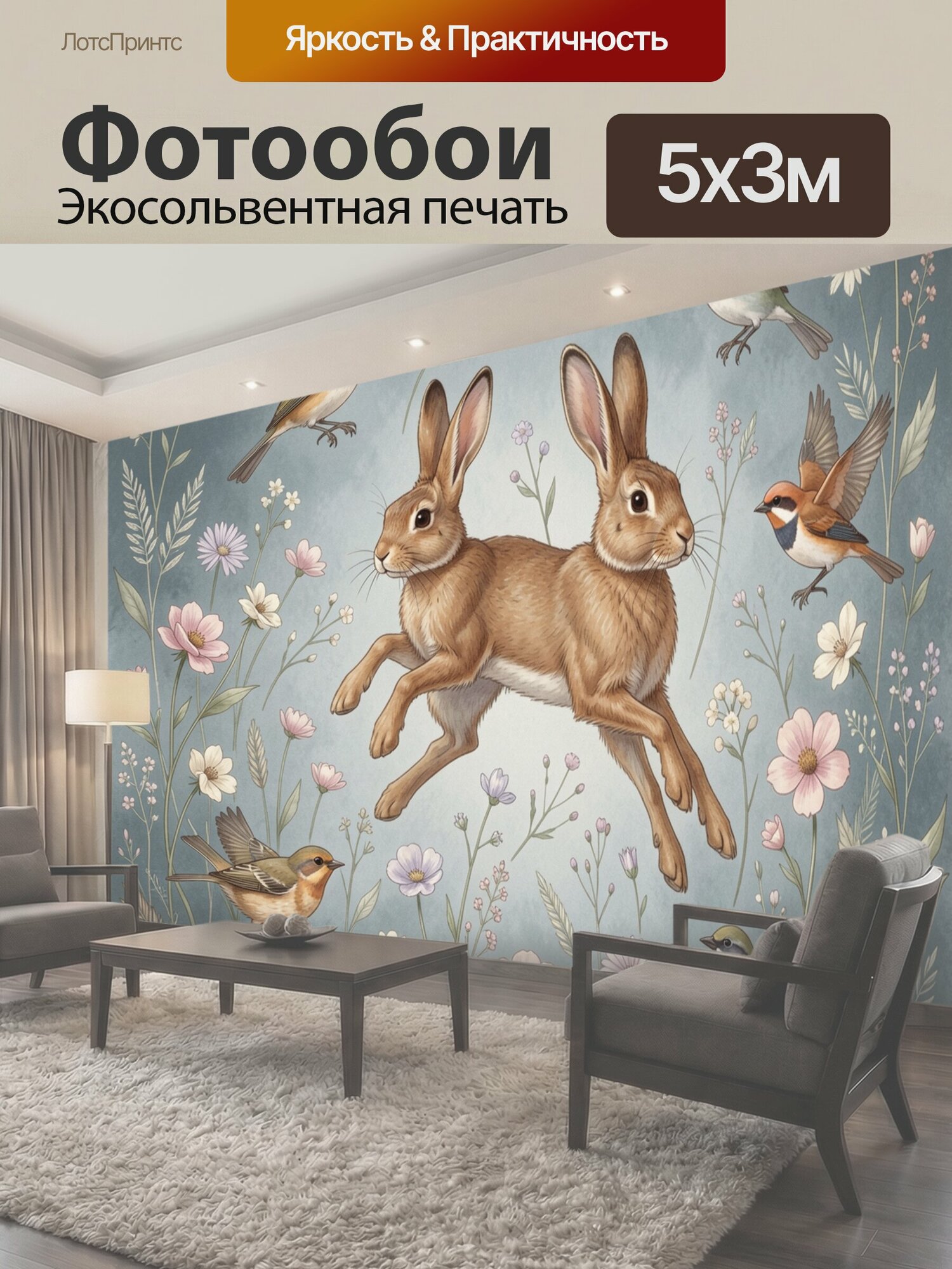 Фотообои "Зайцы и птицы среди цветов. Нежная иллюстрация с двумя прыгающими ушастыми зверьками, окружёнными полевыми бутонами и пернатыми." 500x300 см. экосольвентная печать