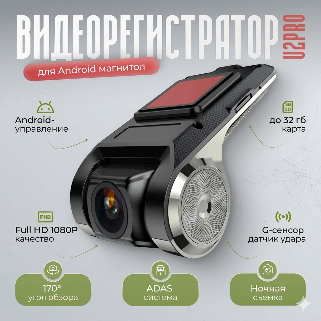 Видеорегистратор для магнитол на Android с режимом ночного видения, угол 170 DVR, U2