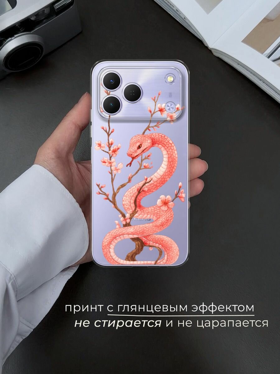 Силиконовый чехол на Tecno Spark 50 / Текно Спарк 50 с принтом Змея на сакуре — фото 1