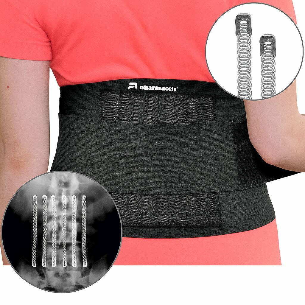 Корсет для спины полужесткий BACK SUPPORT PHARMACELS с 6 рёбрами жесткости, поясничный регулируемый, размер M (обхват талии 65-110см.)