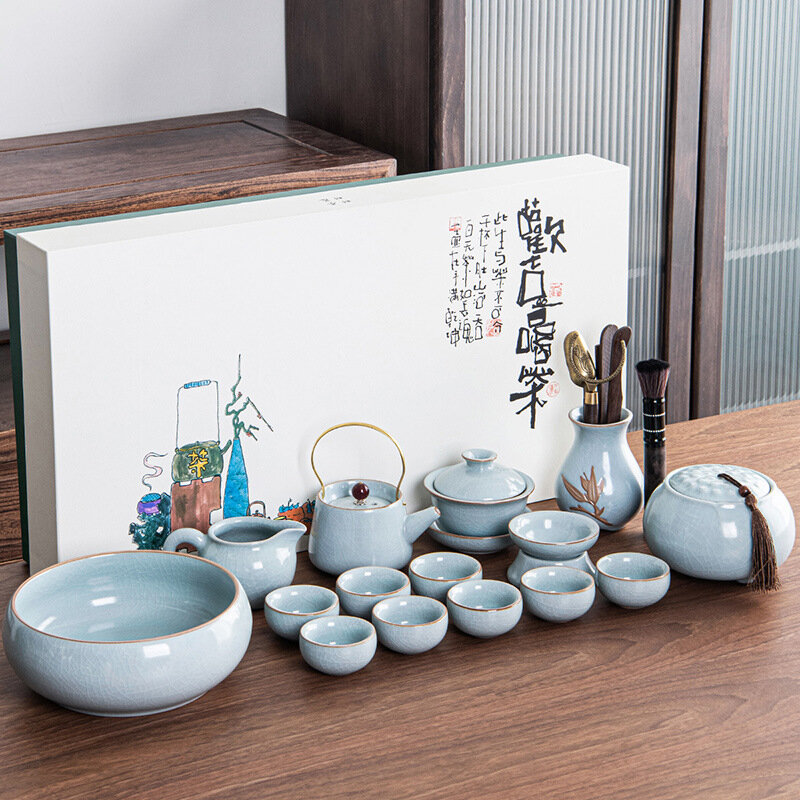 Чайный набор Ruyao Kiln с чайником с ручкой и закрытой чашкой, 8 чашек, 15 предметов с чайным банкой и чайной миской,