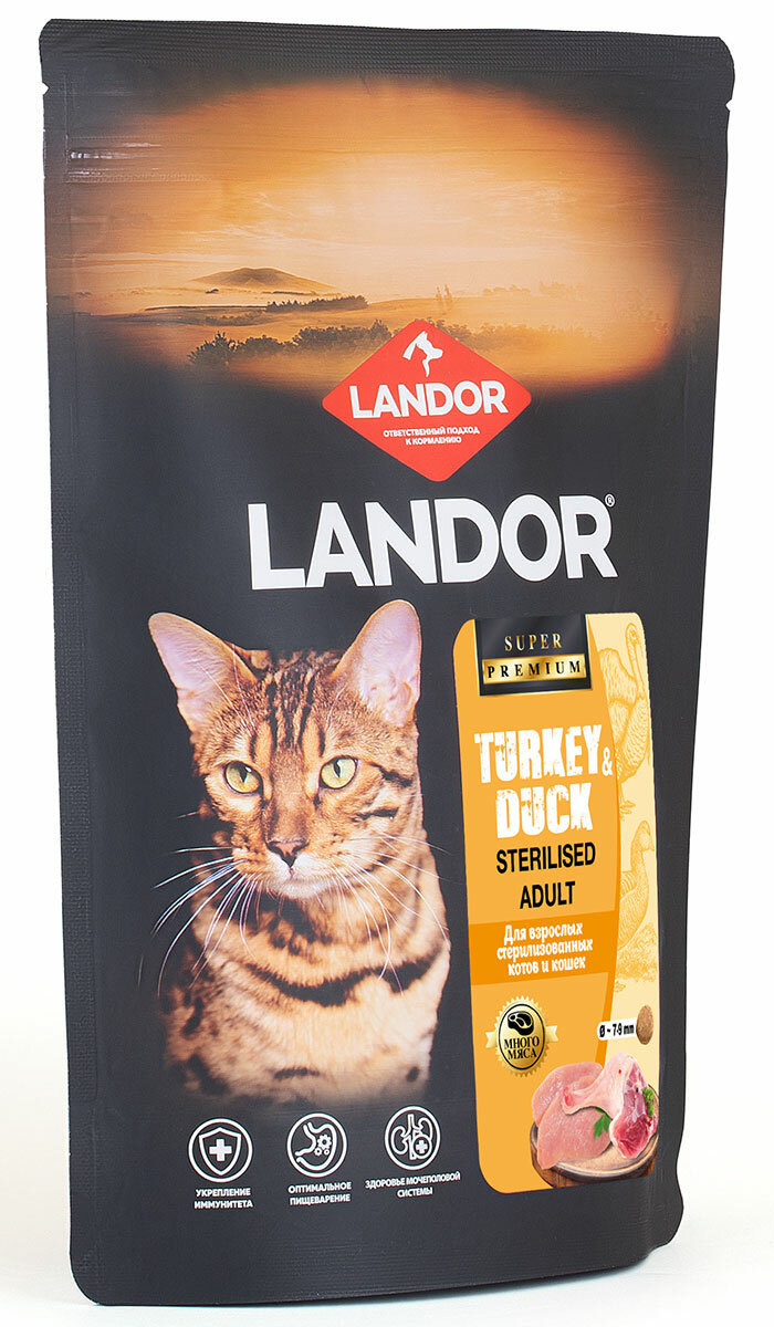 Корм сухой Landor Cat Adult Sterilized для кастрированных котов и стерилизованных кошек, индейка и утка, 400 г