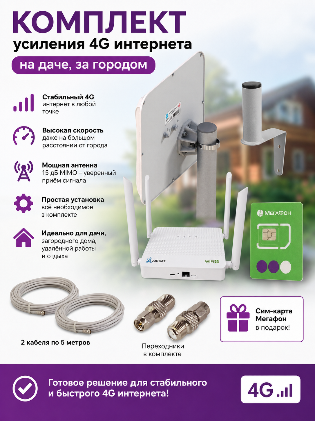 Комплект усиления интернета Airsat B618 + антенна Antex Petra, 4G, 15Дб