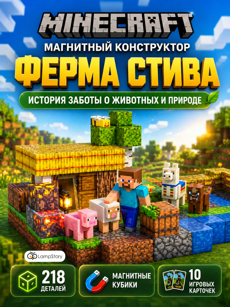Конструктор LampStory "Minecraft, Ферма", магнитный, 218 деталей, 3 светящиеся куба, 10 фигурок