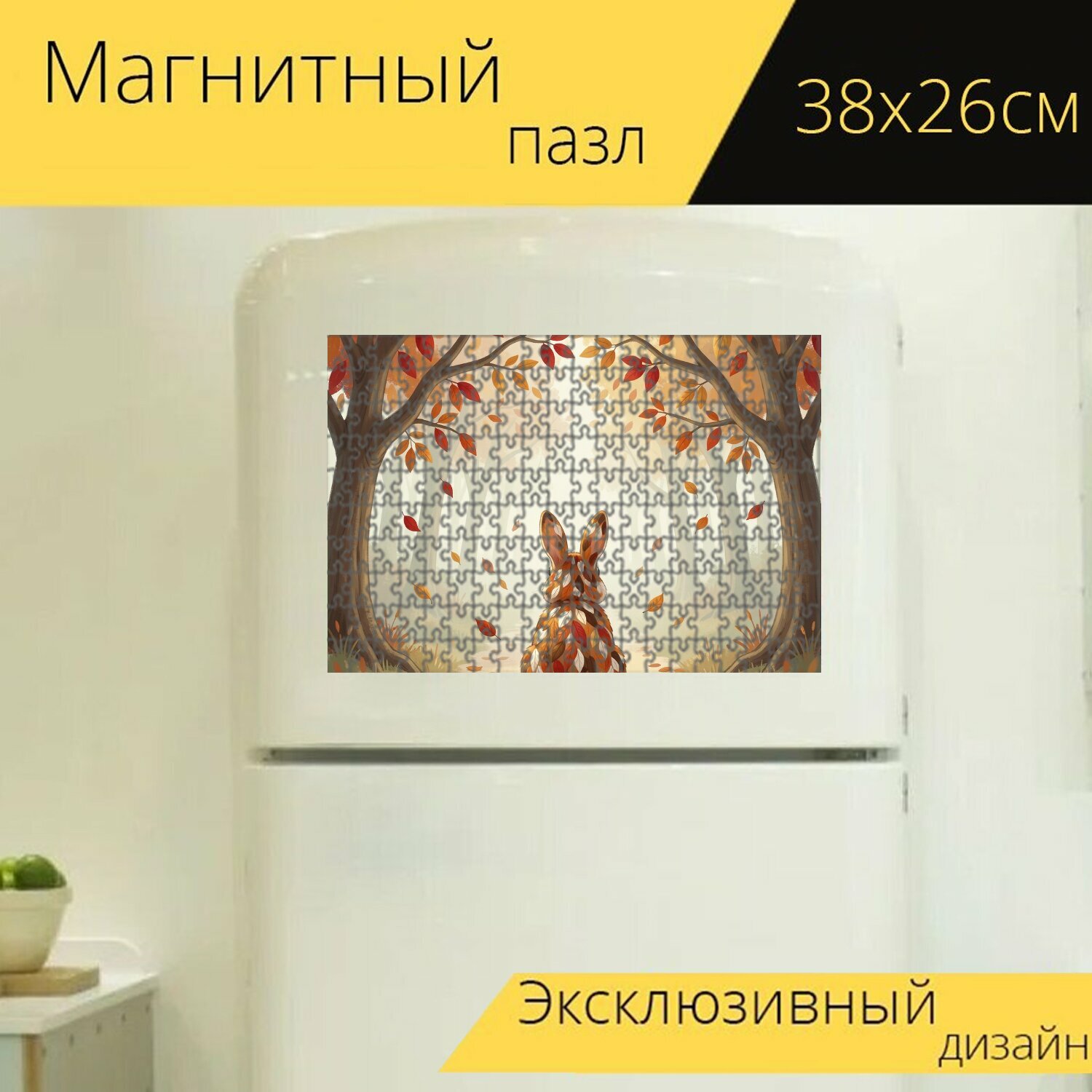 Магнитный пазл "Заяц в осеннем лесу. Милый лесной зверёк на тропинке среди ярких листьев, тёплая осенняя палитра оранжевого, красного и золотого, мягкий." для интерьера, 38х26 см.