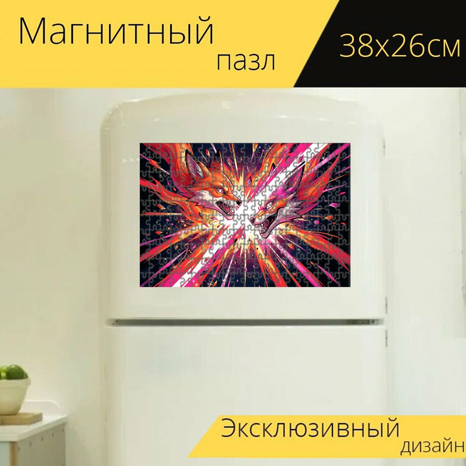 Магнитный пазл "Лисы в неоновой дуэли. Два хищных лисьих профиля сталкиваются в ярком всплеске света, вокруг взрывные линии, искры и абстрактные мазки." для интерьера, 38х26 см.