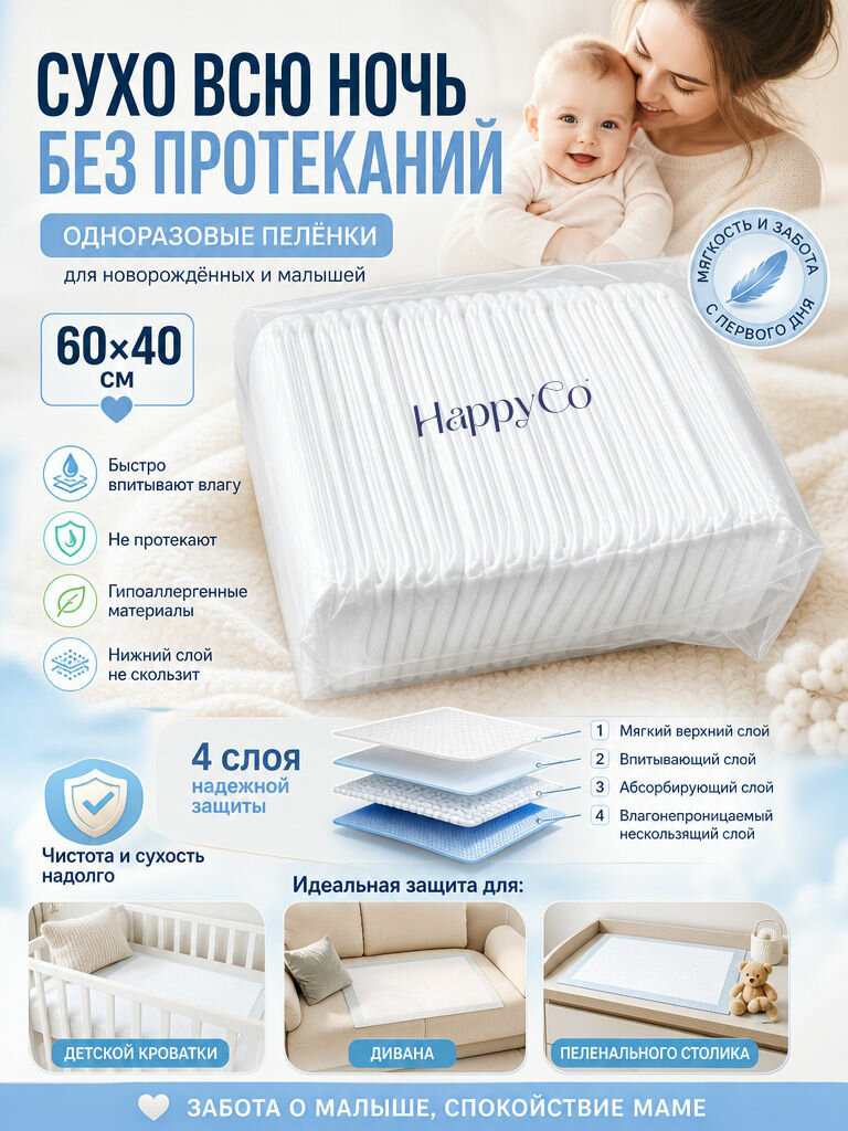 Пеленки одноразовые 60x40 Happy Co, гигиенические впитывающие для детей, 30шт.