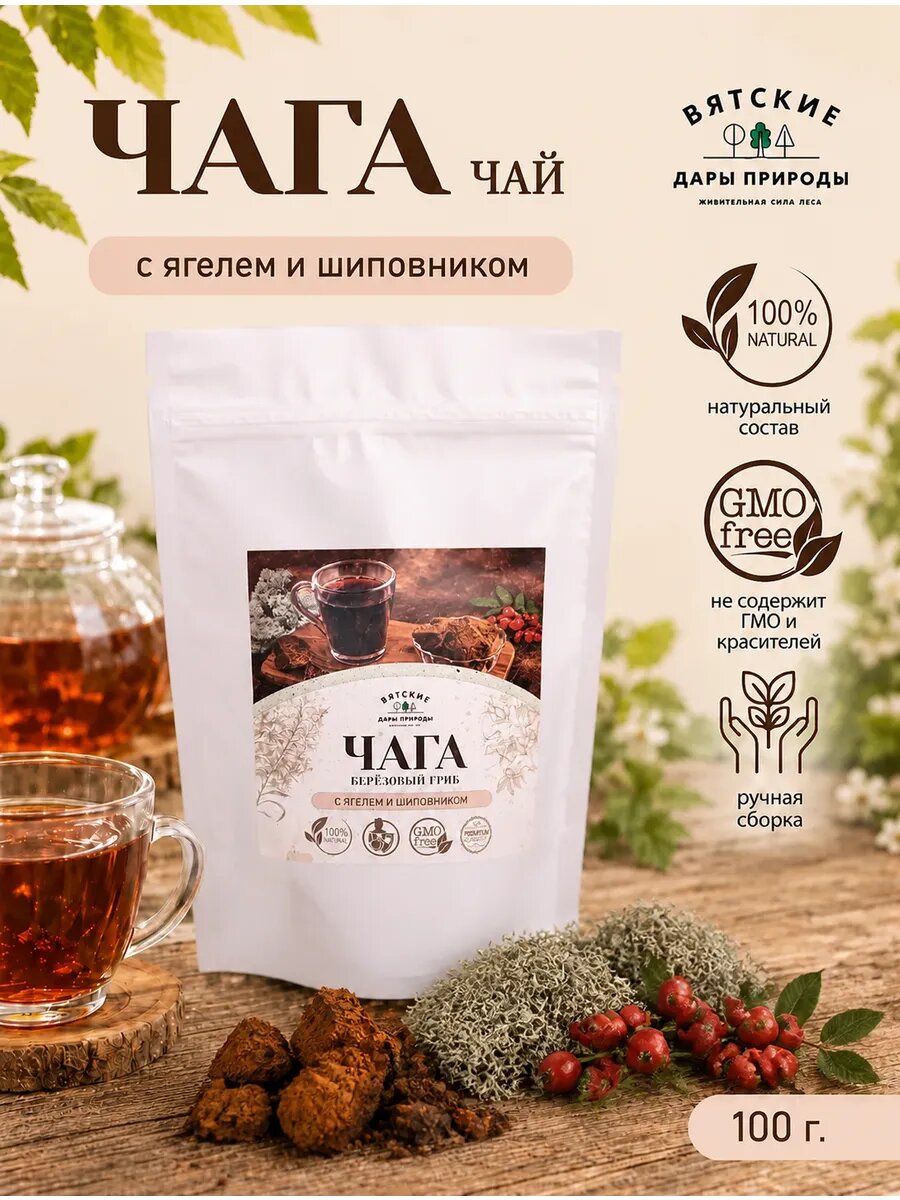 Чага с ягелем и шиповником 100 гр, Вятские дары природы, натуральный продукт