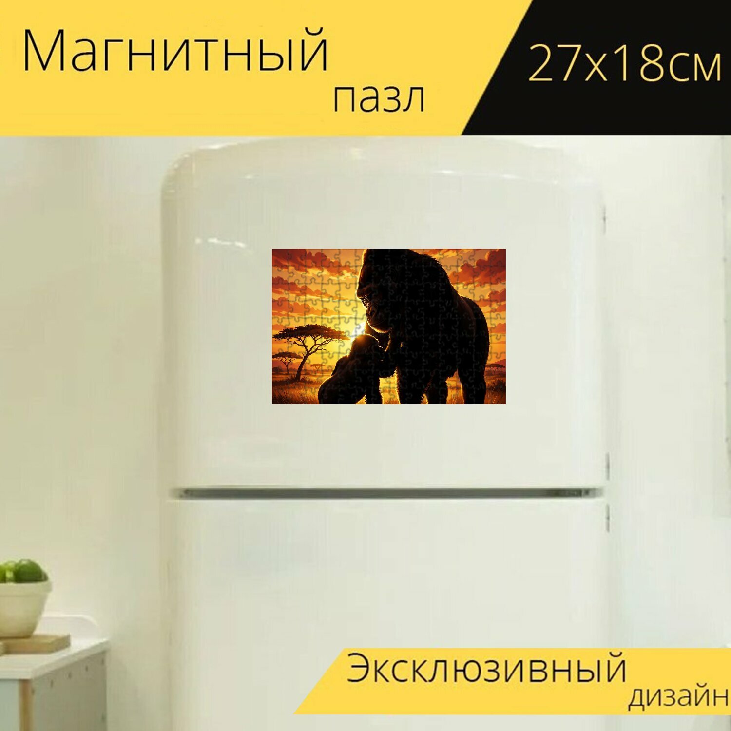 Магнитный пазл "Горилла с детёнышем в саванне. Силуэт семьи человекообразных обезьян на фоне африканского пейзажа, огненное небо, акации и." на холодильник 27 x 18 см.