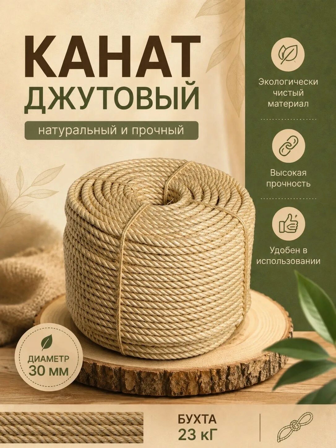 Канат джутовый 30 мм (Бангладеш) бобина (23кг) (42 метра) бежевый