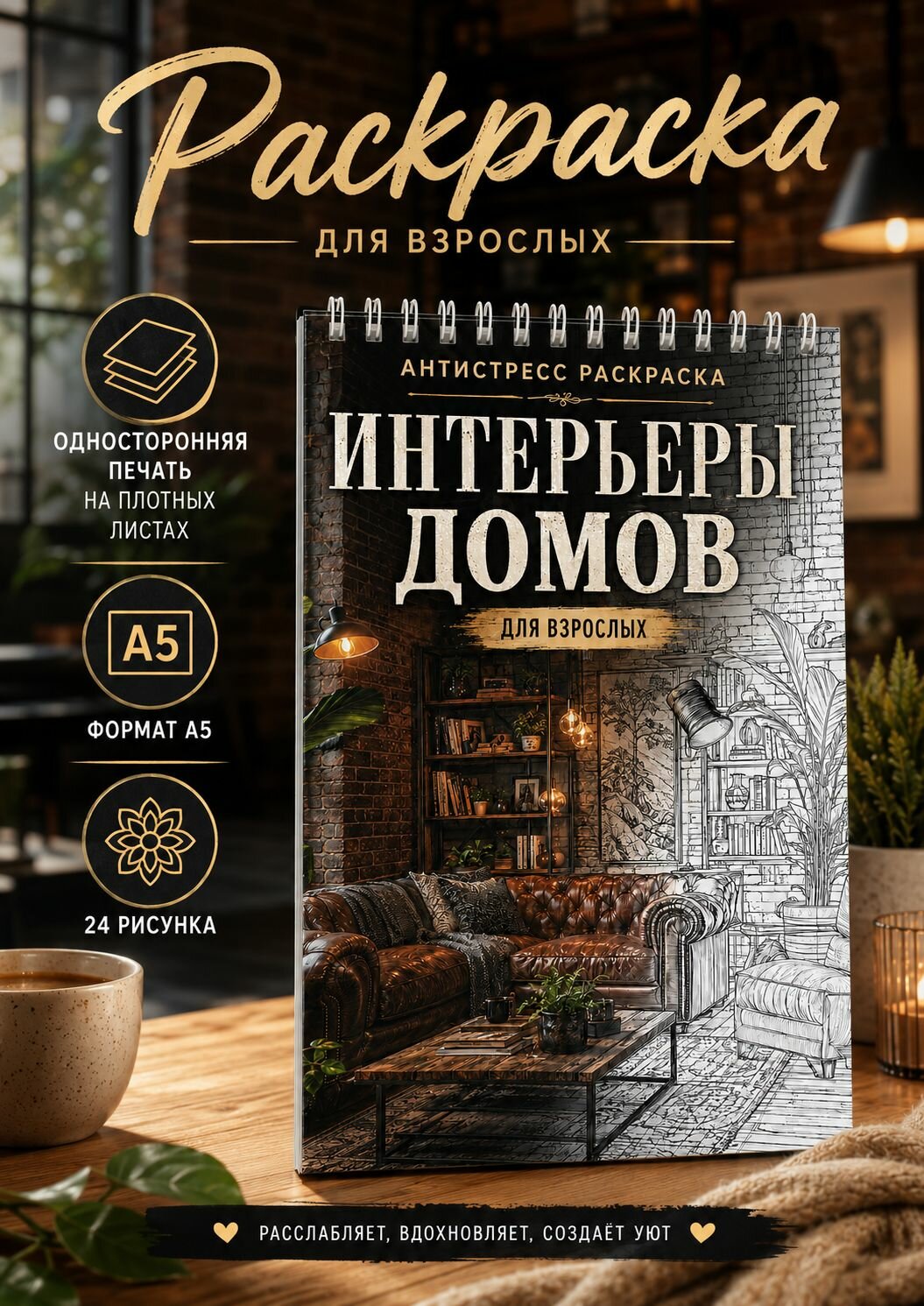 Уютная раскраска антистресс Интерьеры домов