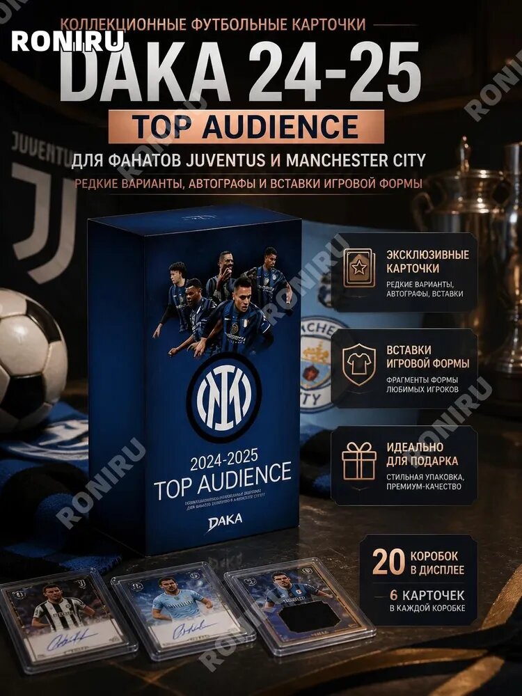 Коллекционные футбольные карточки DAKA 24-25, серия TOP AUDIENCE для фанатов Juventus и Manchester City редкие варианты, автографы и вставки игровой формы