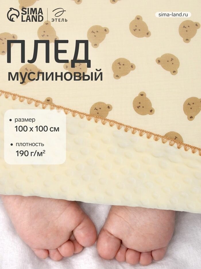 Плед двухслойный Этель. Медвежонок , 100 100 см, муслин, вельбоа