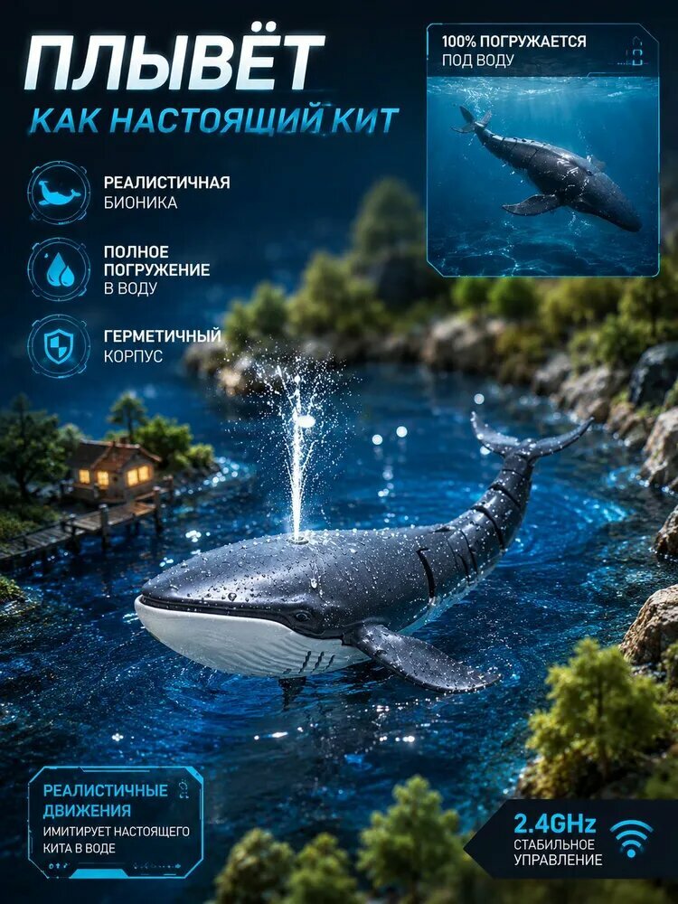 Радиоуправляемый кит, игрушка для воды с фонтаном, плавающий кит для бассейна и ванны, 2.4GHz