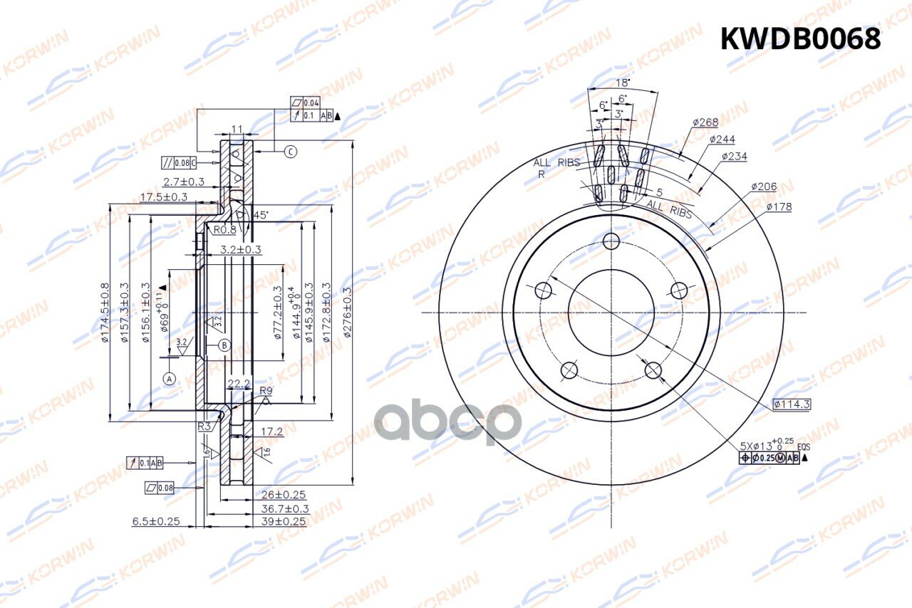Диск с покрытием передний MITSUBISHI LANCER 08-/DODGE CALIBER 06- KORWIN арт. KWDB0068