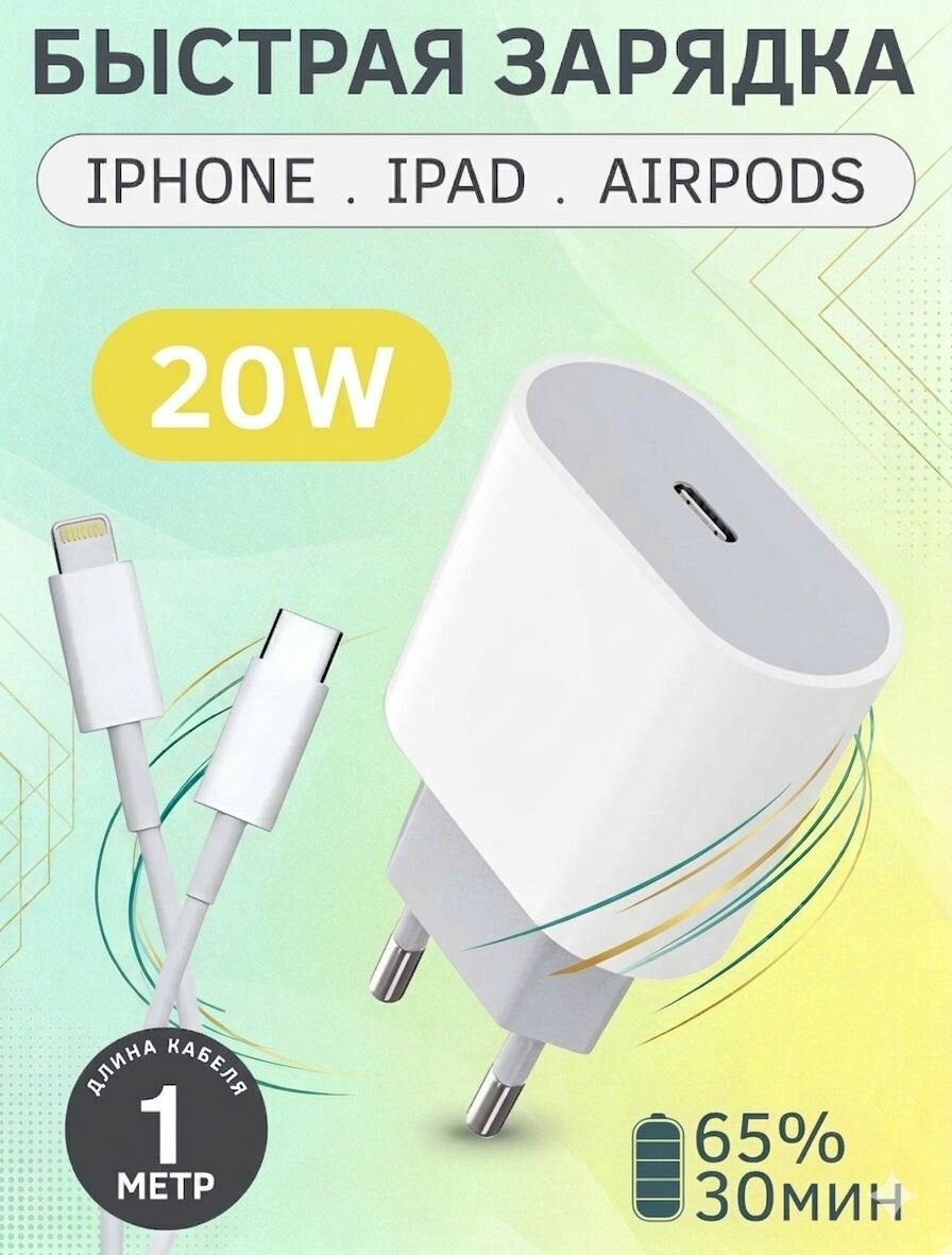 Быстрая Зарядка 20W для SE XR 11/12/13/14 Pro Max Lightning / Блок и Провод TYPE C Адаптер питания для телефона