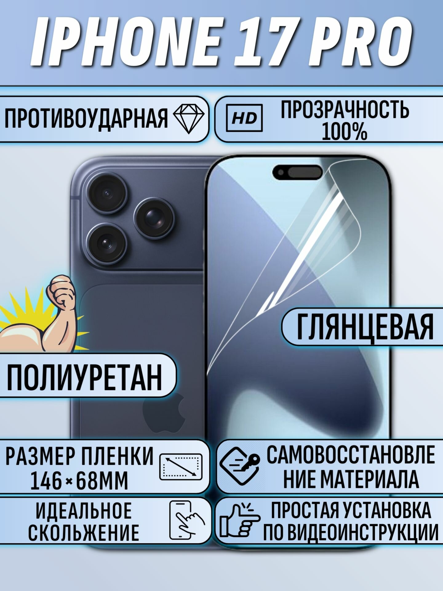 Гидрогелевая пленка iPhone 17 Pro / айфон 17 про полиуриетановая защита