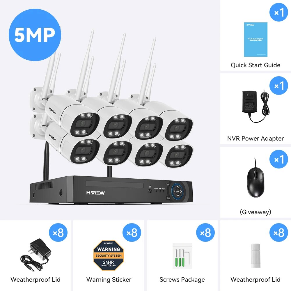 H.view 8CH 5-мегапиксельная беспроводная камера безопасности Wi-Fi системы наружной камеры CCTV набор видеонаблюдения NVR внутренний двухсторонний аудио Xmeye