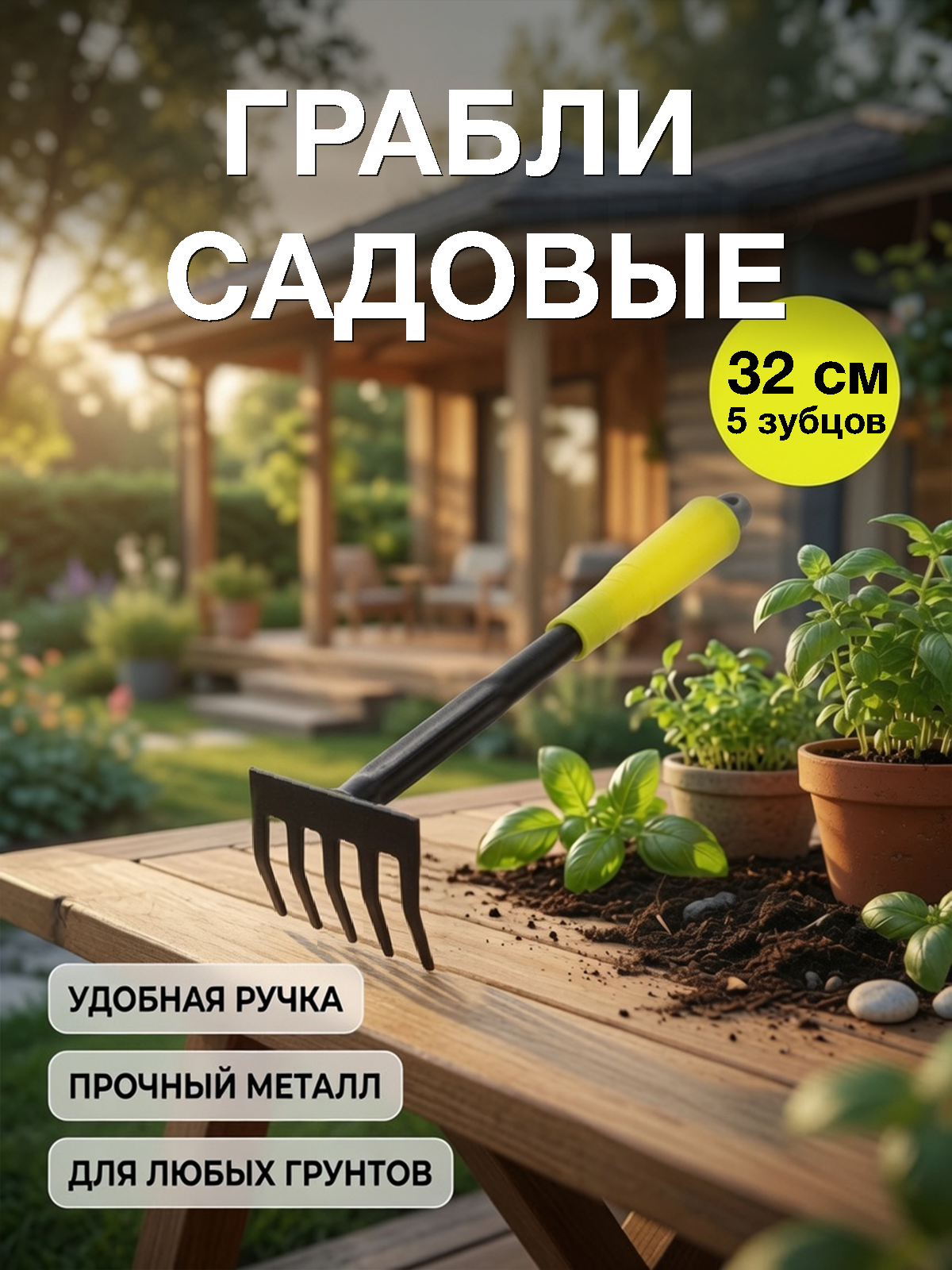 Грабельки "Гарден" 32 см, 5 зубцов, пластиковая ручка ДоброСад