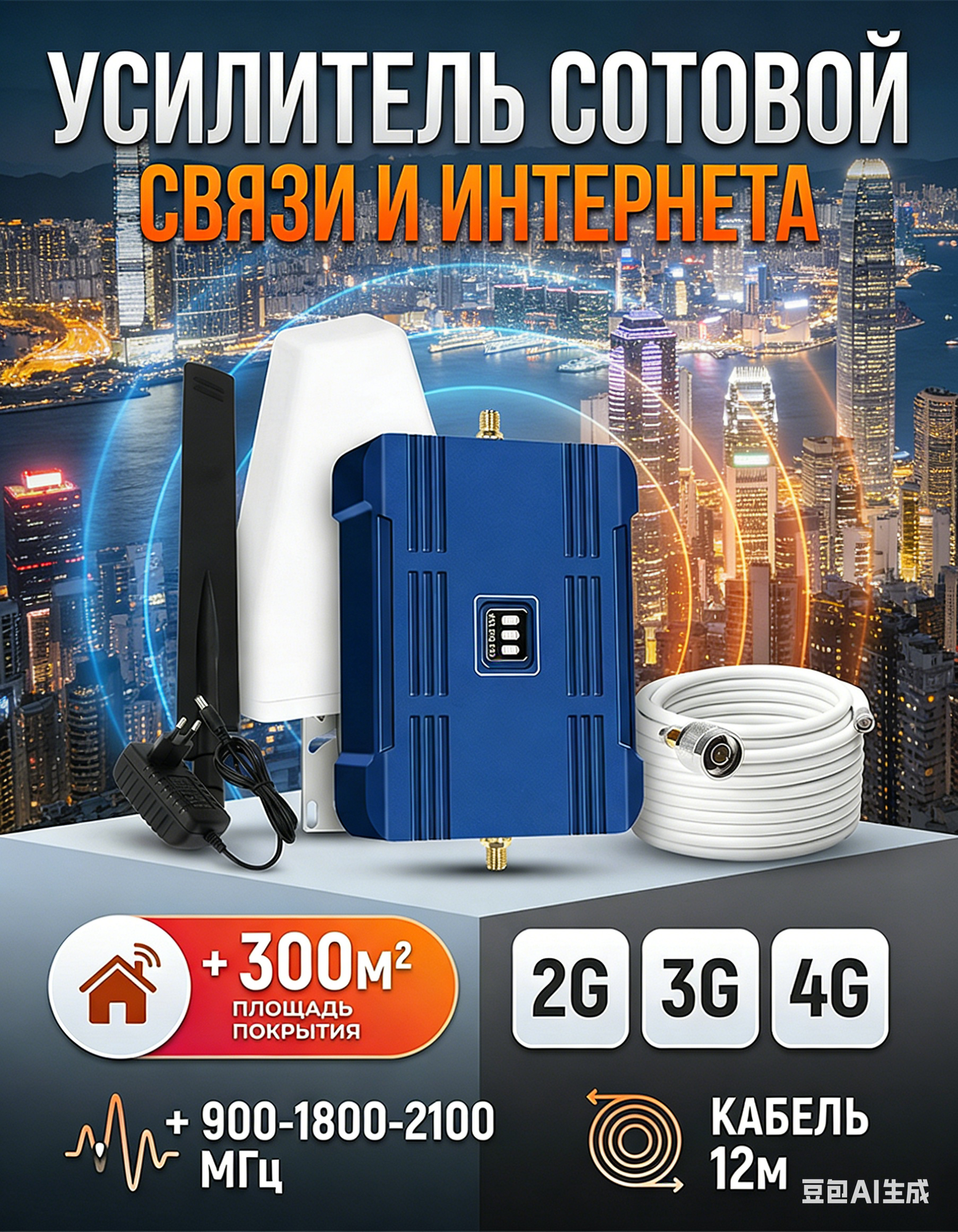 Усилитель сотовой связи 900/1800/2100 МГц (2G/3G/4G): до 70 км, направленный, синий, 1.3 кг