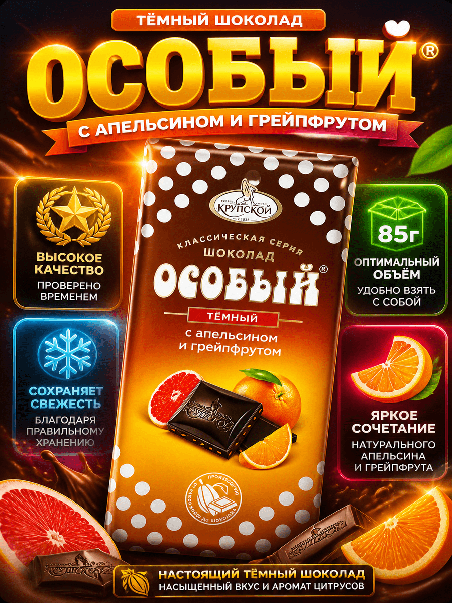 Шоколад особый с апельсином и грейпфрутом (Россия) 85г