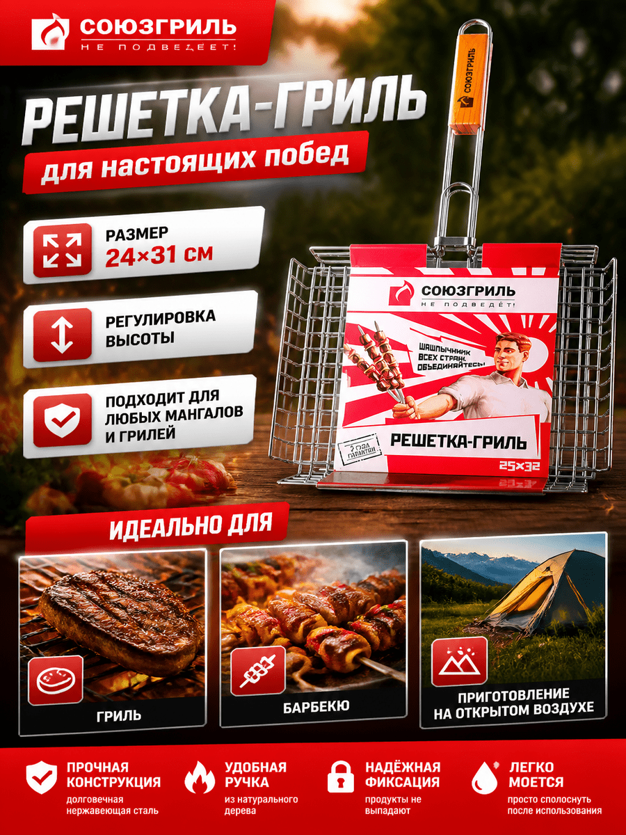 Решетка-гриль союзгриль универсальная с регулир. высотой 24х31см