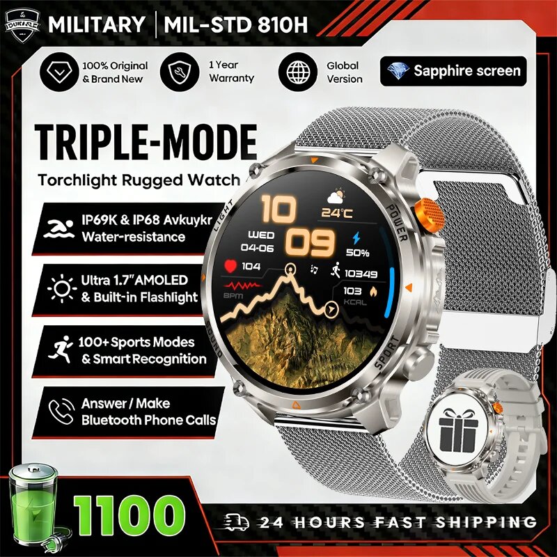 Military Smartwatch Triple-Mode Silver Mesh