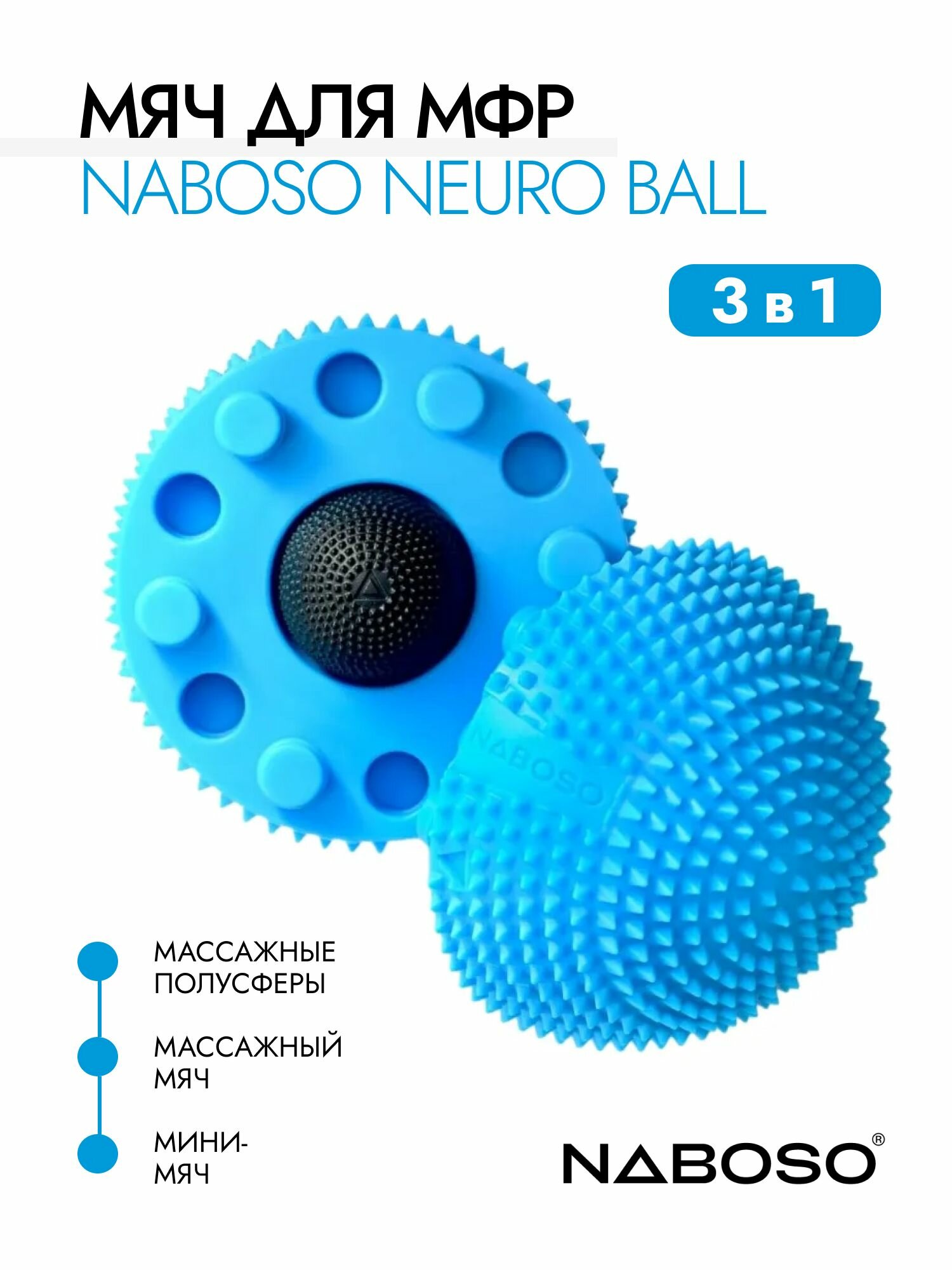 Мяч массажный / Мяч для МФР 3 в 1 NABOSO Neuro Ball, диаметр 6,6 см, голубой