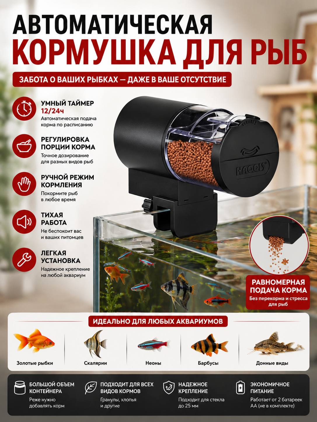 Автоматическая кормушка для аквариума HAQOS, таймер подачи корма, черная матовая