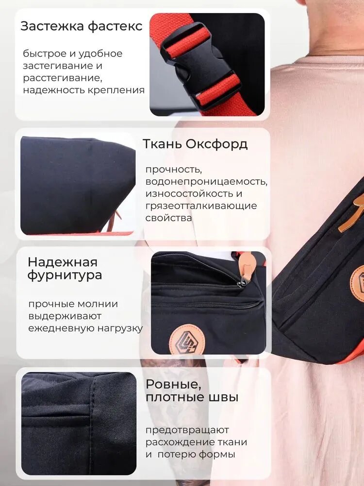 Сумка мужская черная из Оксфорда "Бананка" на пояс, 18x10x38 см — фото 1