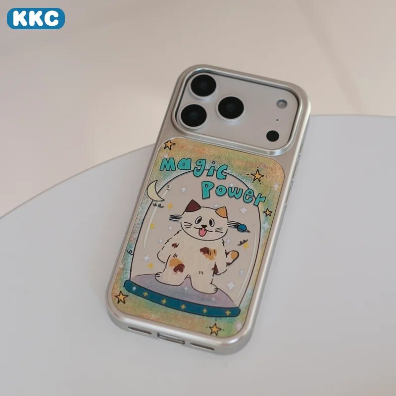 Чехол iPhone 14 серебряный с котиком Magic Power