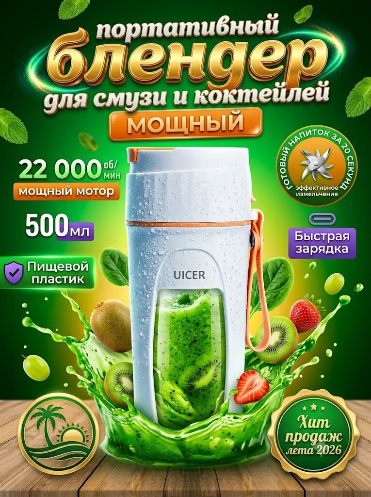 Портативный блендер беспроводной для смузи и коктейлей, 3 скорости с дисплеем, белый