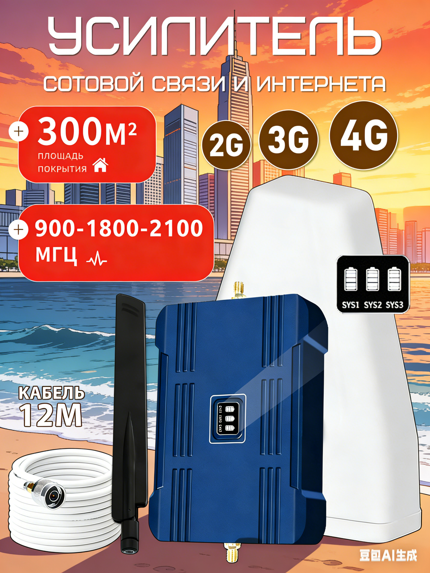 Усилитель сотовой связи 900/1800/2100 МГц (2G/3G/4G): до 70 км, направленный, синий, 1.3 кг