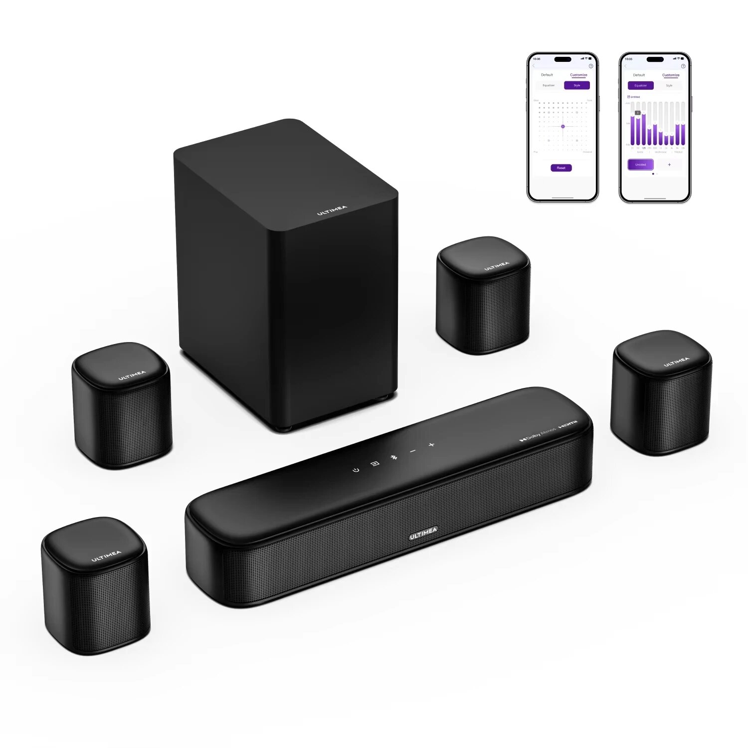 Soundbar ULTIMEA Aura A60 7.1 каналов с системой объемного звука Dolby Atmos для телевизора с 4 черными периферийными колонками для домашнего кинотеатра