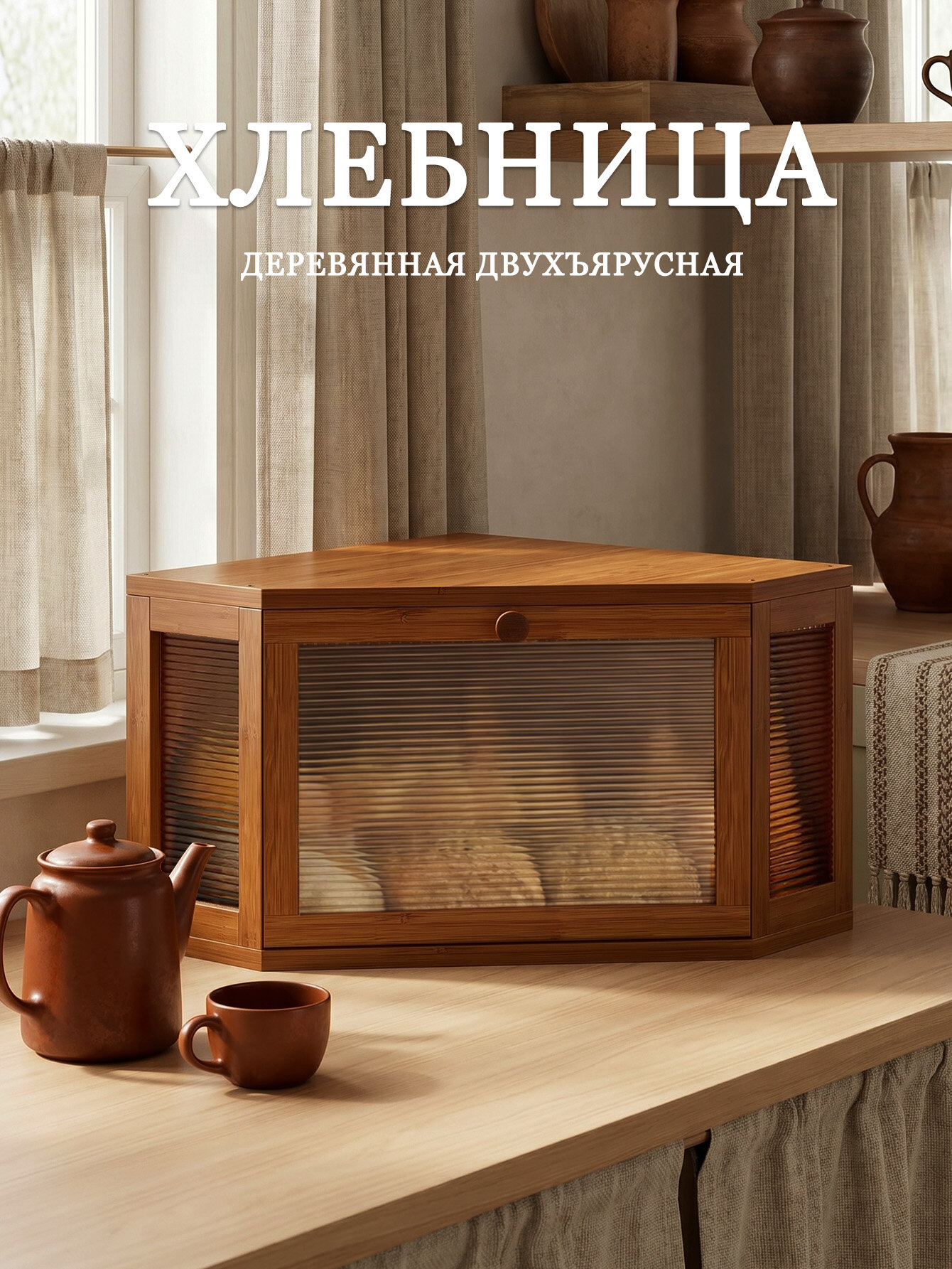 Бамбуковая хлебница "Натуральное Дерево", угловая, двухъярусная, с прозрачной крышкой
