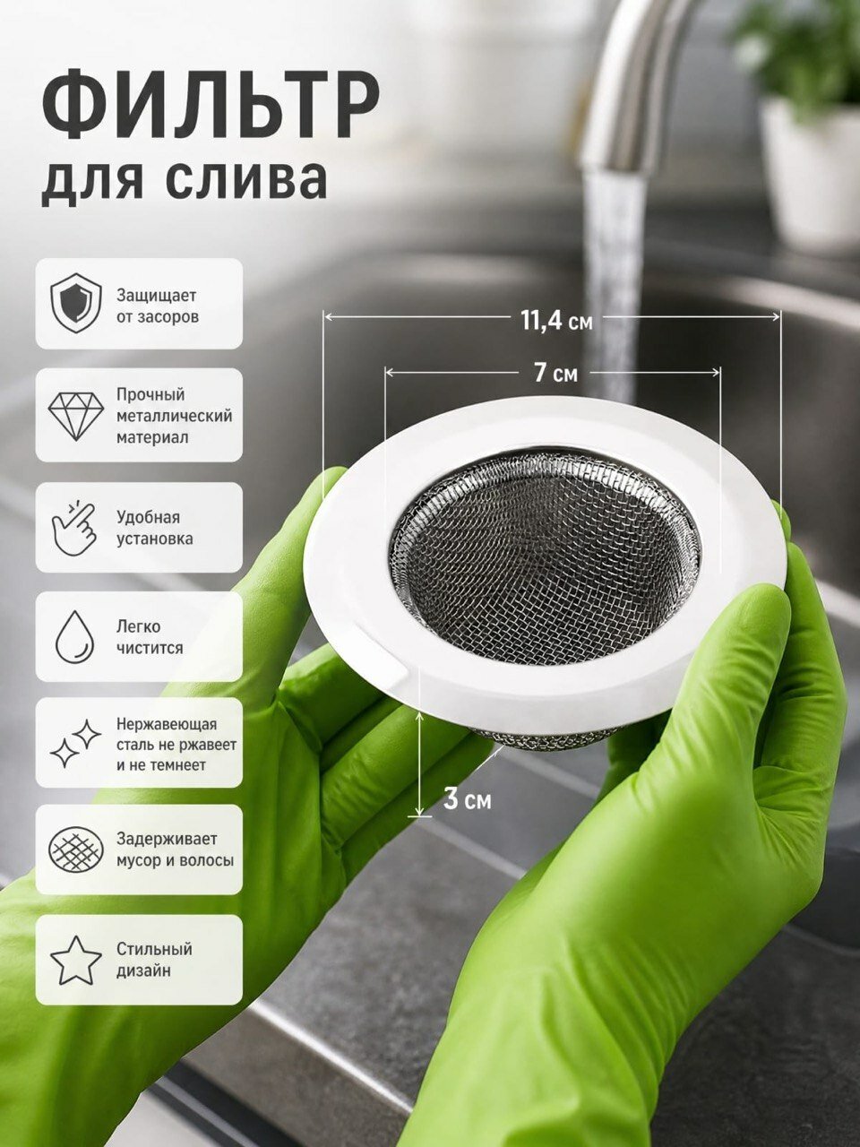 Сетка для раковины 12 см, большая, на кухню из нержавеющей стали, ситечко для ванны, фильтр для слива 1шт.