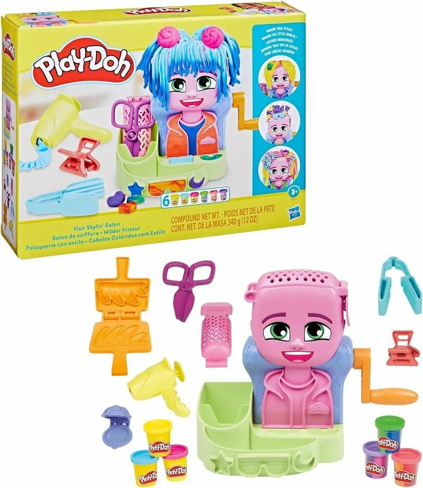 Набор для лепки Play-Doh «Парикмахерская» с 6 баночками пластилина и инструментами для создания причёсок, 31×23×19 см