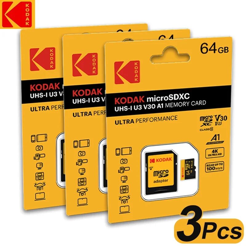 KODAK Micro SD карта памяти 128 ГБ / 256 ГБ для дронов 64GB 3pcs